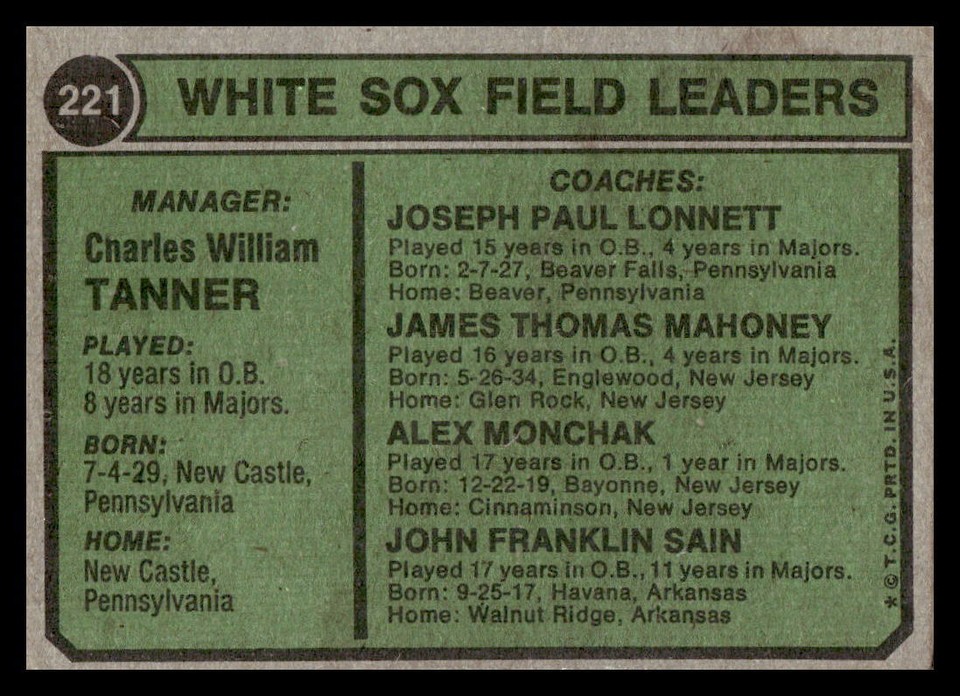 1974 Topps Chuck Tanner / Joe Lonnett / Jim Mahoney / Alex Monchak #221 ...