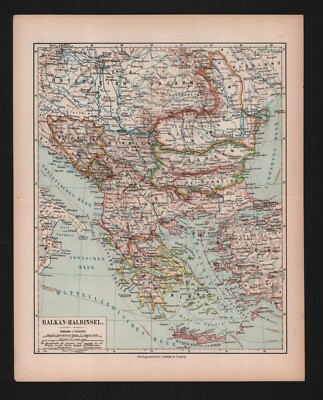 Landkarte map 1895: Balkan-Halbinsel. Serbien Bosnien Kosovo Rumänien ...