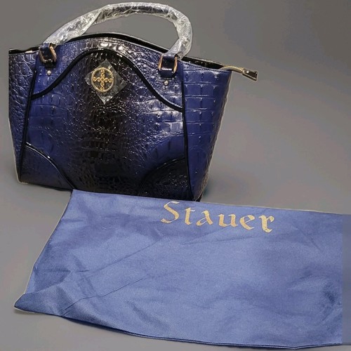 NEW-Stauer Avalon Crocodile Embossed Handbag MIDNIGHT BLUE w/Dust Bag ...