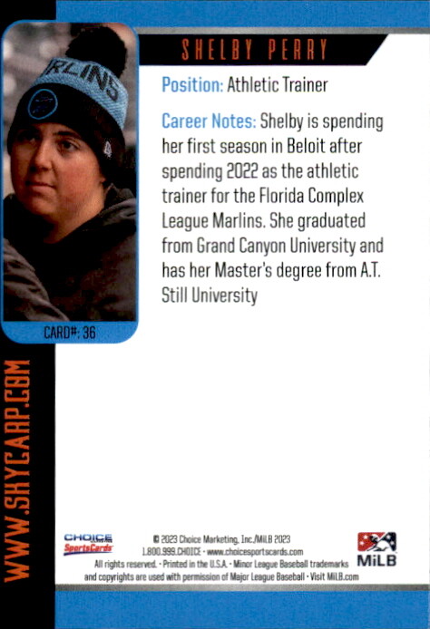 2023 Beloit Sky Carp Choice #36 Shelby Perry Trainer - NM Baseball Card ...