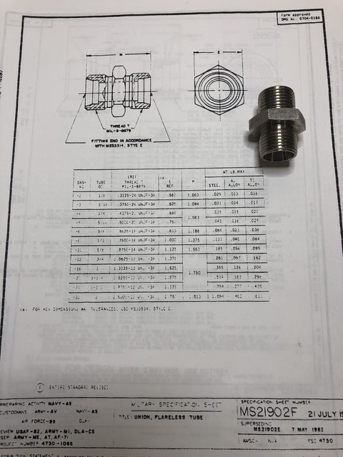 MS21902J8 1/2” Flareless Tube Union, 304SS | eBay