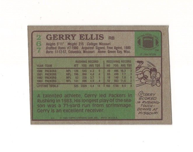 1984 Topps Football Gerry Ellis Card #267 ~ Green Bay Packers ~ NM/MT ...