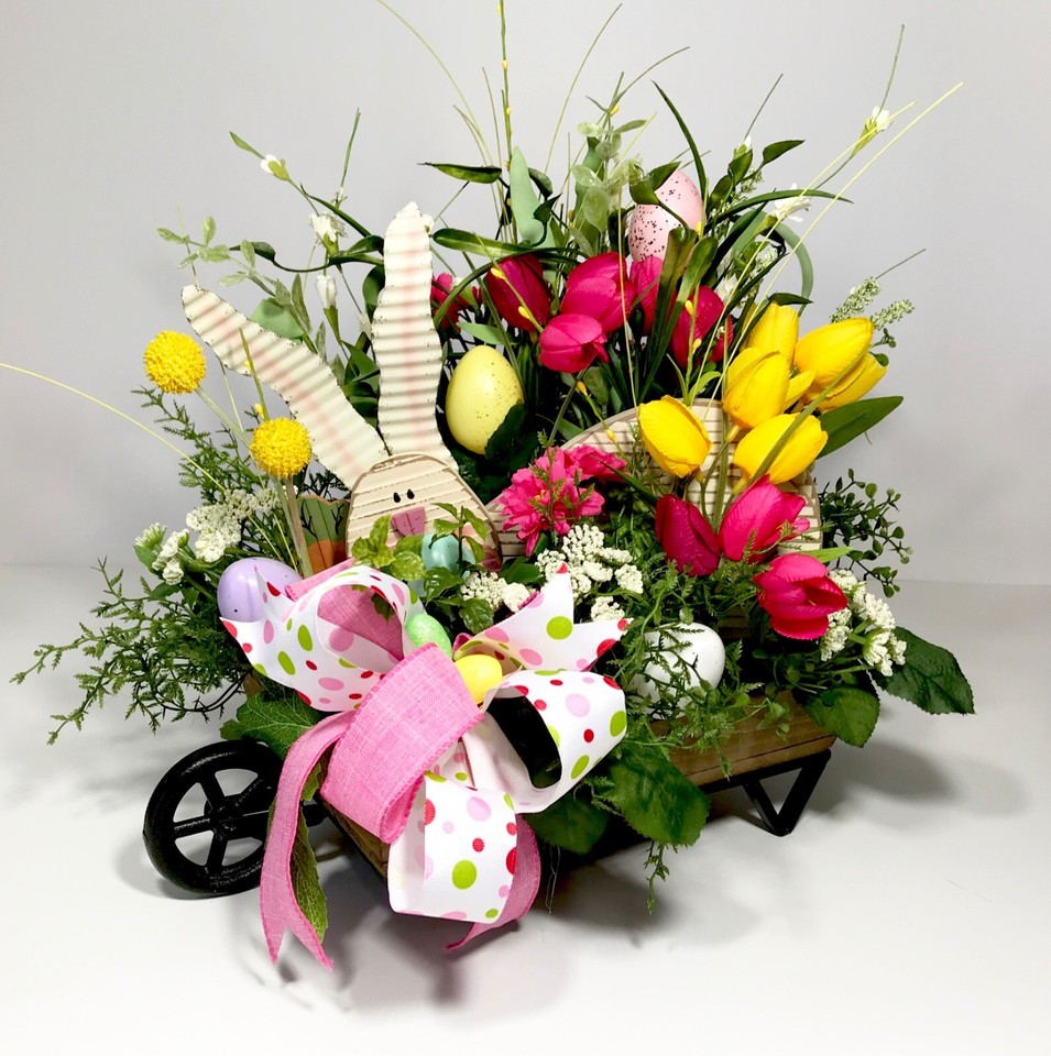 WOODEN EASTER BUNNY RABBIT WHEELBARROW EGGS LRG CENTERPIECE SPRING ...