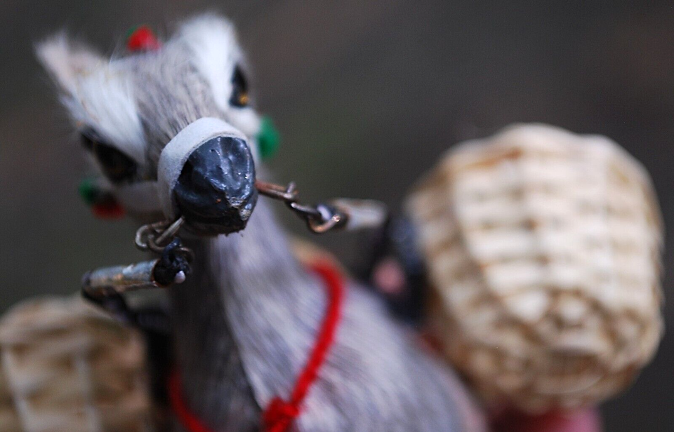 Vtg 3.5" HANDMADE DONKEY BURRO FIGURINE Gold Saddle Reins Baskets REAL ...