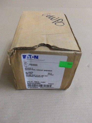 NEW Eaton FD FD3020L 3 Pole 20 Amp 600V R/S Circuit Breaker FD3020 NOB ...