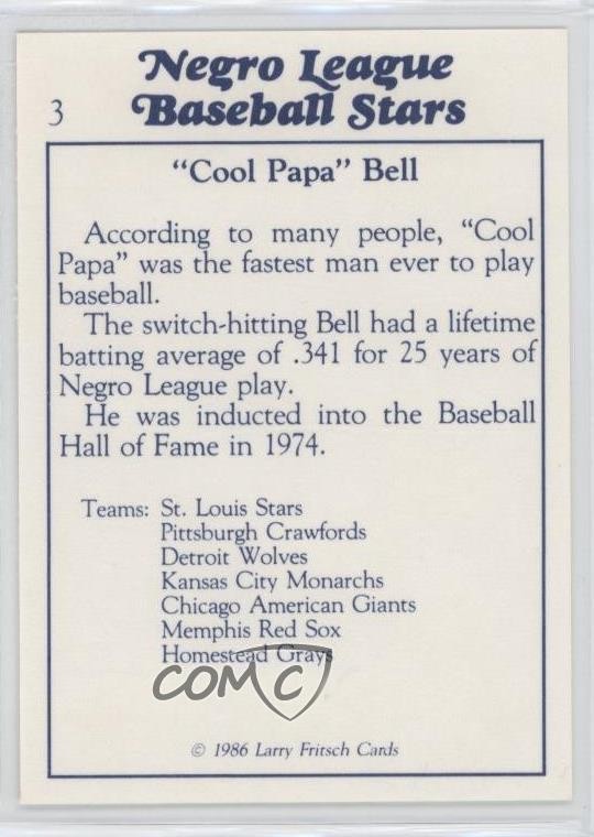 1986 Fritsch Negro League Baseball Stars James Cool Papa Bell Conrad ...