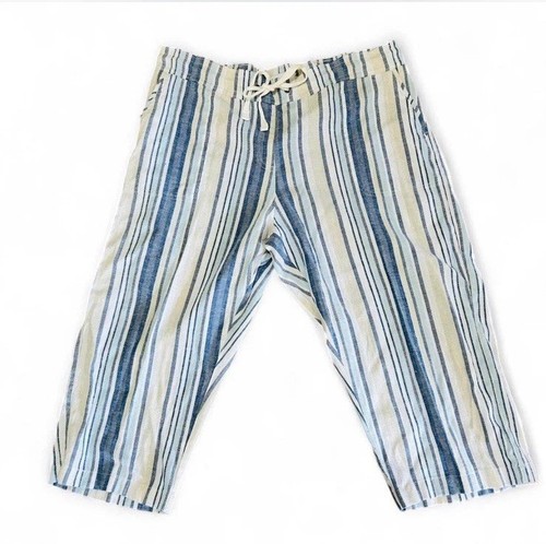 Dash Women’s Blue Beige And White Striped Linen Blend Cropped Pants ...