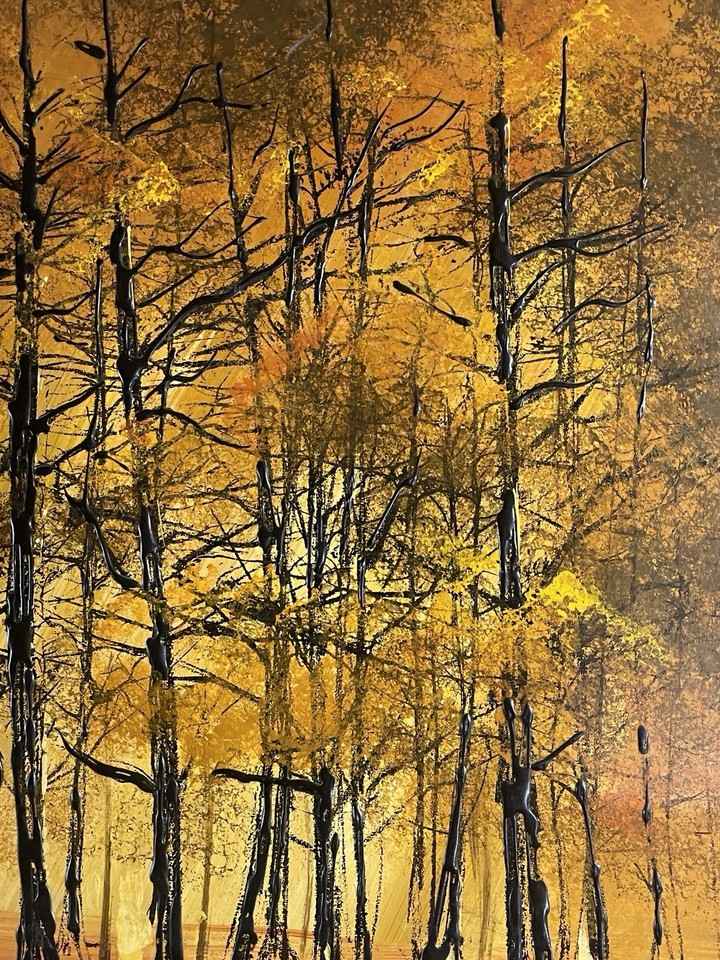 Large MCM Drip Painting Forest On Orange Background Signed Galate 34x45 ...
