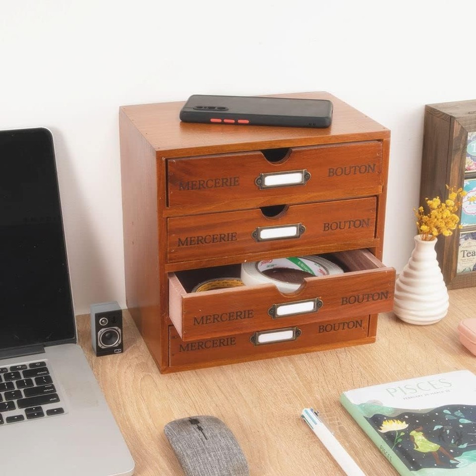 Wooden Storage Box Rustic Desktop Organizer with Drawers Labels 4 Tier ...