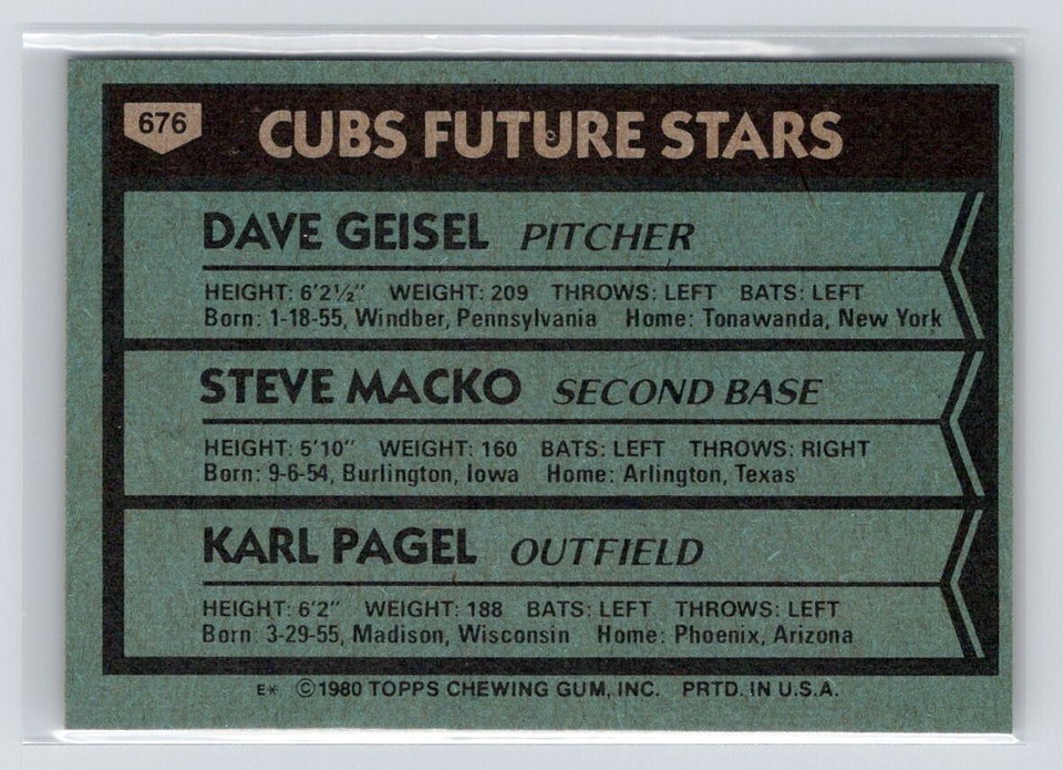 1980 Topps #676 Dave Geisel Steve Macko Karl Pagel RC Baseball Card ...