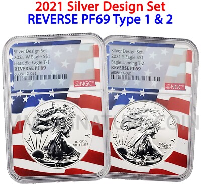 2021 REVERSE PF69 SILVER EAGLE TYPE 1&2 TWO COIN DESIGNER SET FLAG CORE ...