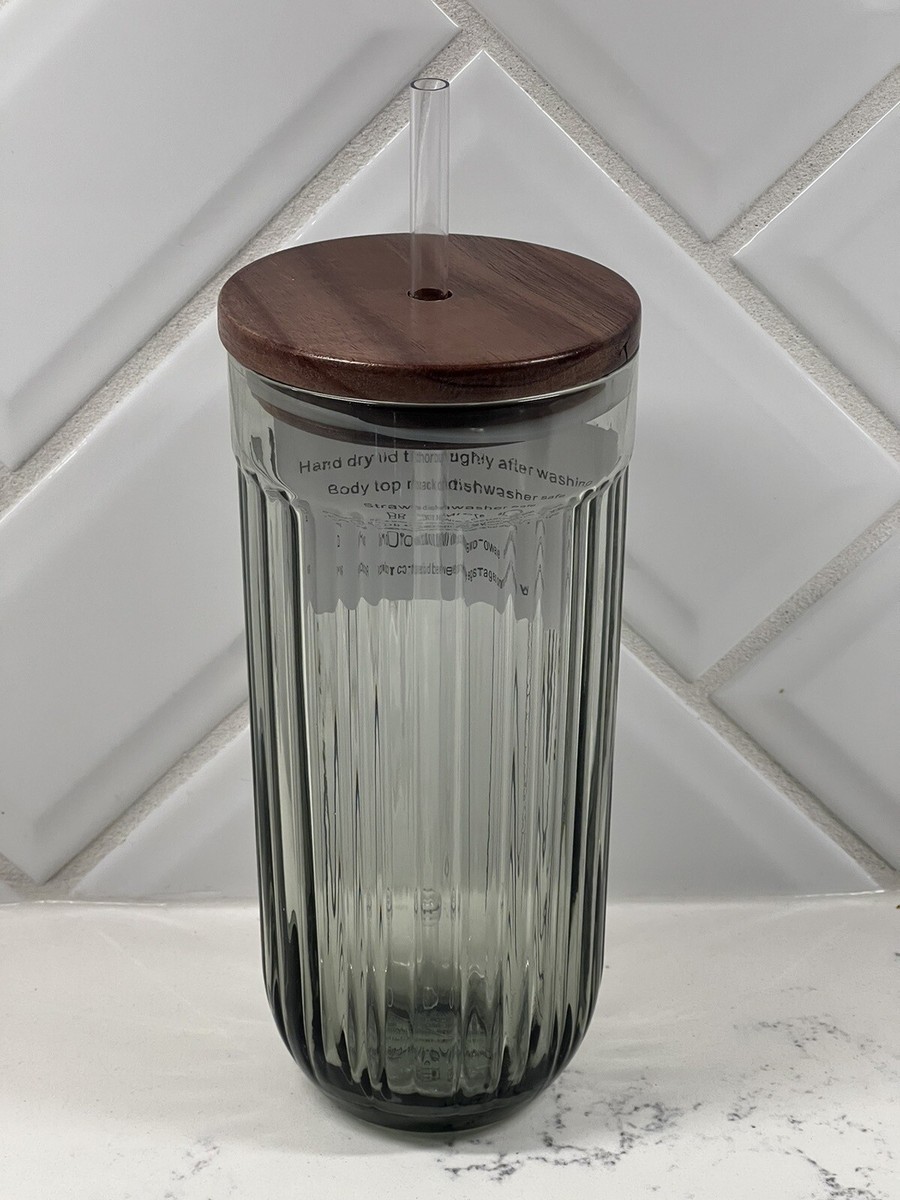 21oz Fluted Glass Tumbler with Wood Lid Green - Hearth 21oz Fluted Glass Tumbler with Wood Lid Green - Hearth