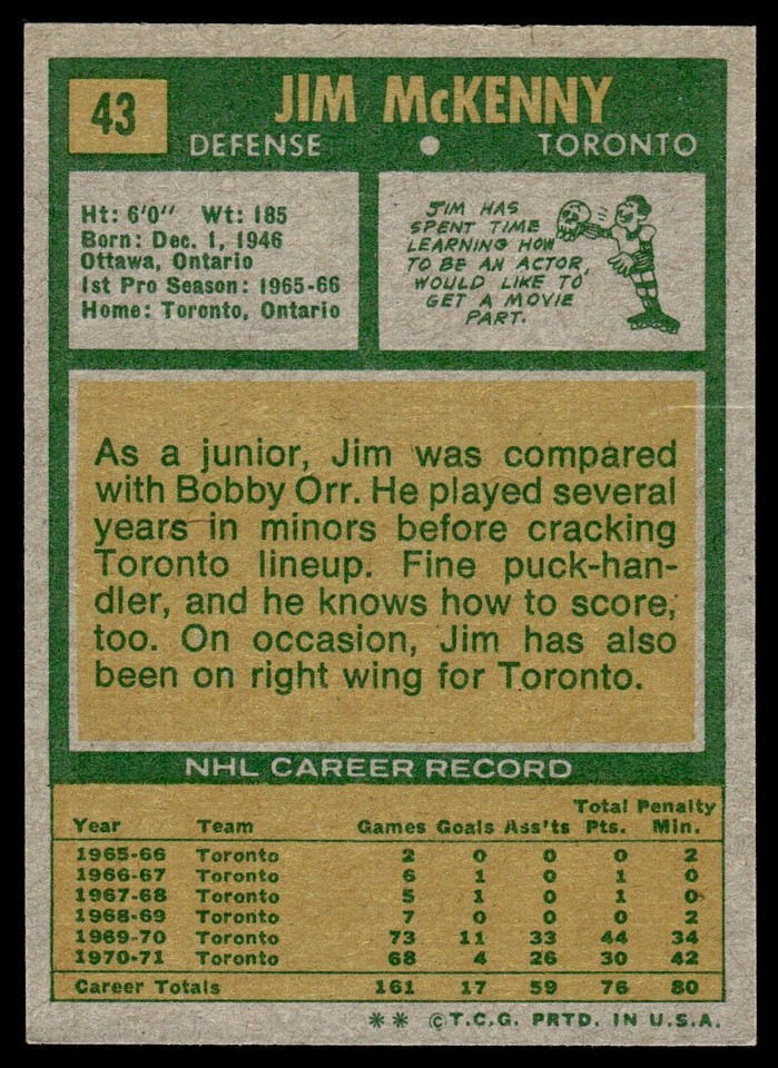 1971-72 Topps Jim McKenny RC Toronto Maple Leafs #43 | eBay