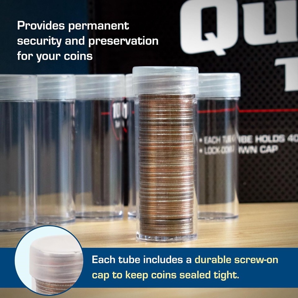 Lot 50 BCW Round Coin Tubes US Quarter Size 24mm Screw On Cap Archival ...