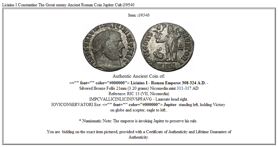 Licinius I Constantine The Great enemy Ancient Roman Coin Jupiter Cult ...