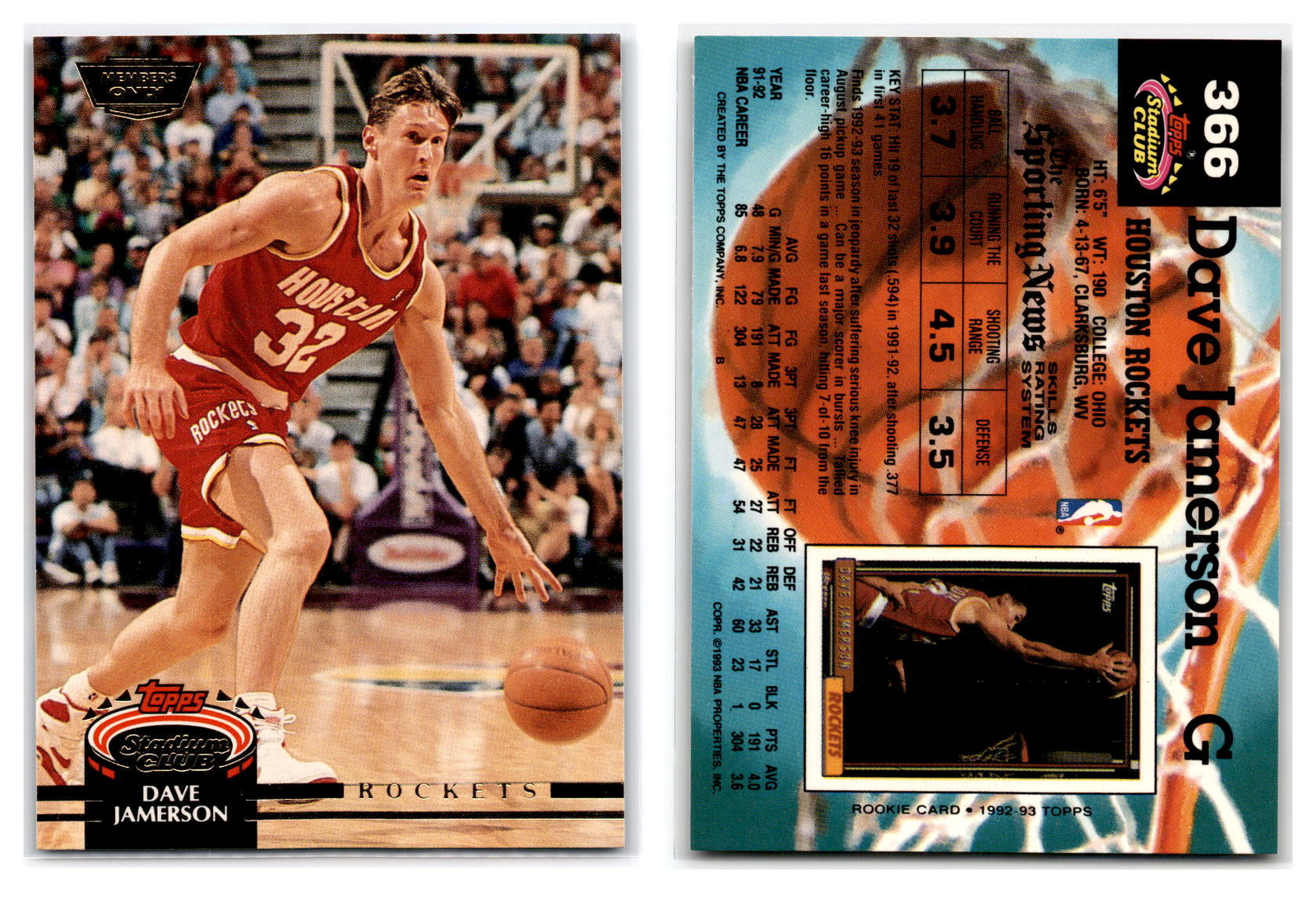 1992-93 Stadium Club Members Only #366 Dave Jamerson - Houston Rockets ...