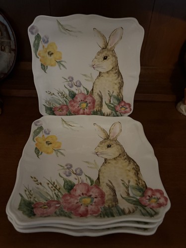 Maxcera Spring Collection Floral Bunny Rabbit Four Square Salad Plates ...