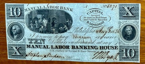 August, 1836 Manual Labor Bank of Philadelphia, PA ten dollar note | eBay