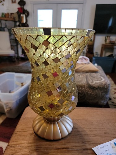 PartyLite Candle Hurricane Holder Vase Mosaic Glass Tile Mirrors Gold ...
