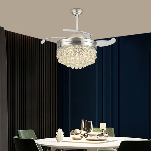 42" Crystal Retractable LED Ceiling Fan Light Chandelier Lamp w/ Remote ...