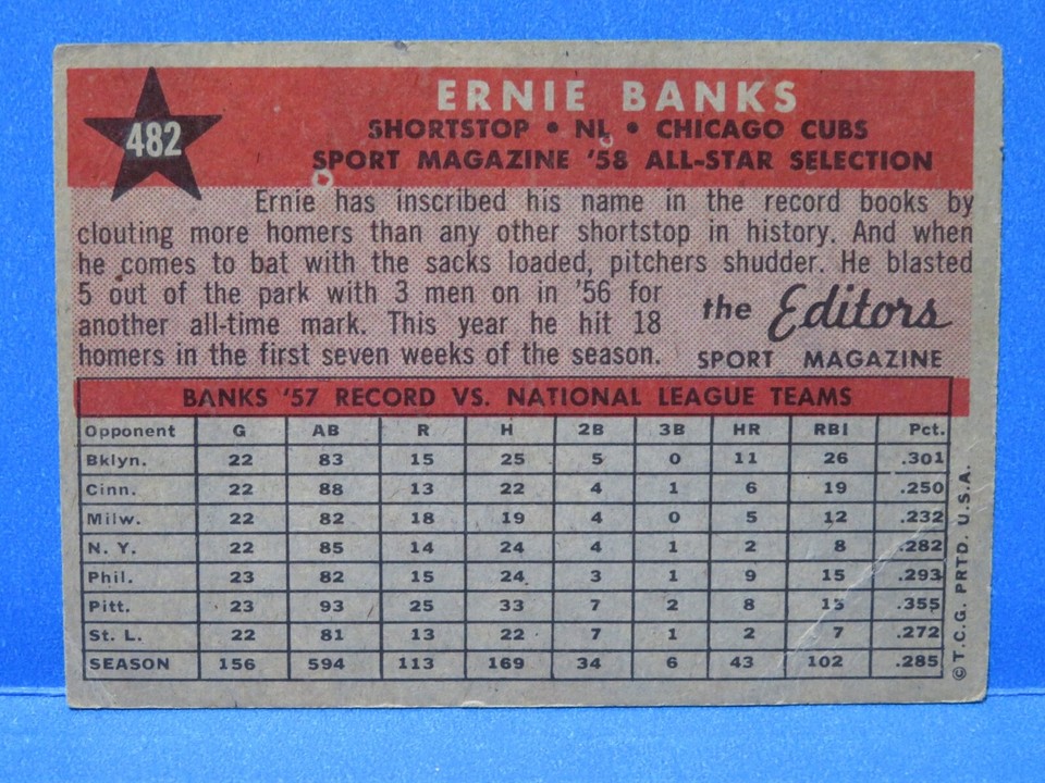 1958 Topps All-Star Card #482, ERNIE BANKS, Chicago Cubs, Mid-Grade | eBay