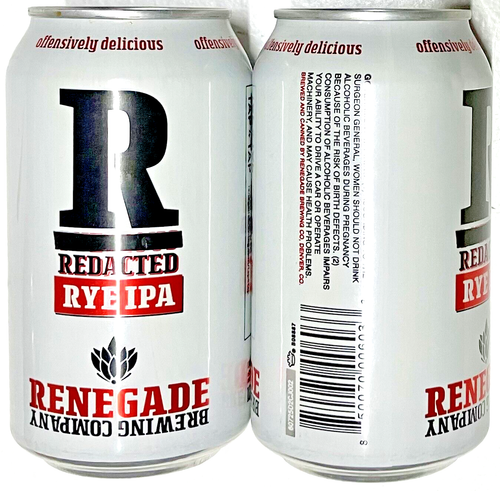 Renegade Brewing Redacted Rye IPA empty craft beer can 2016 Denver Colo ...