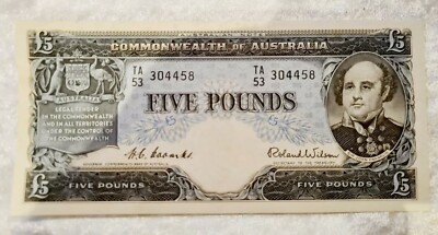 AUSTRALIA FIVE POUND NOTE UNCIRCULATED 1960 TA304458 R50 VALUE = $1500 ...