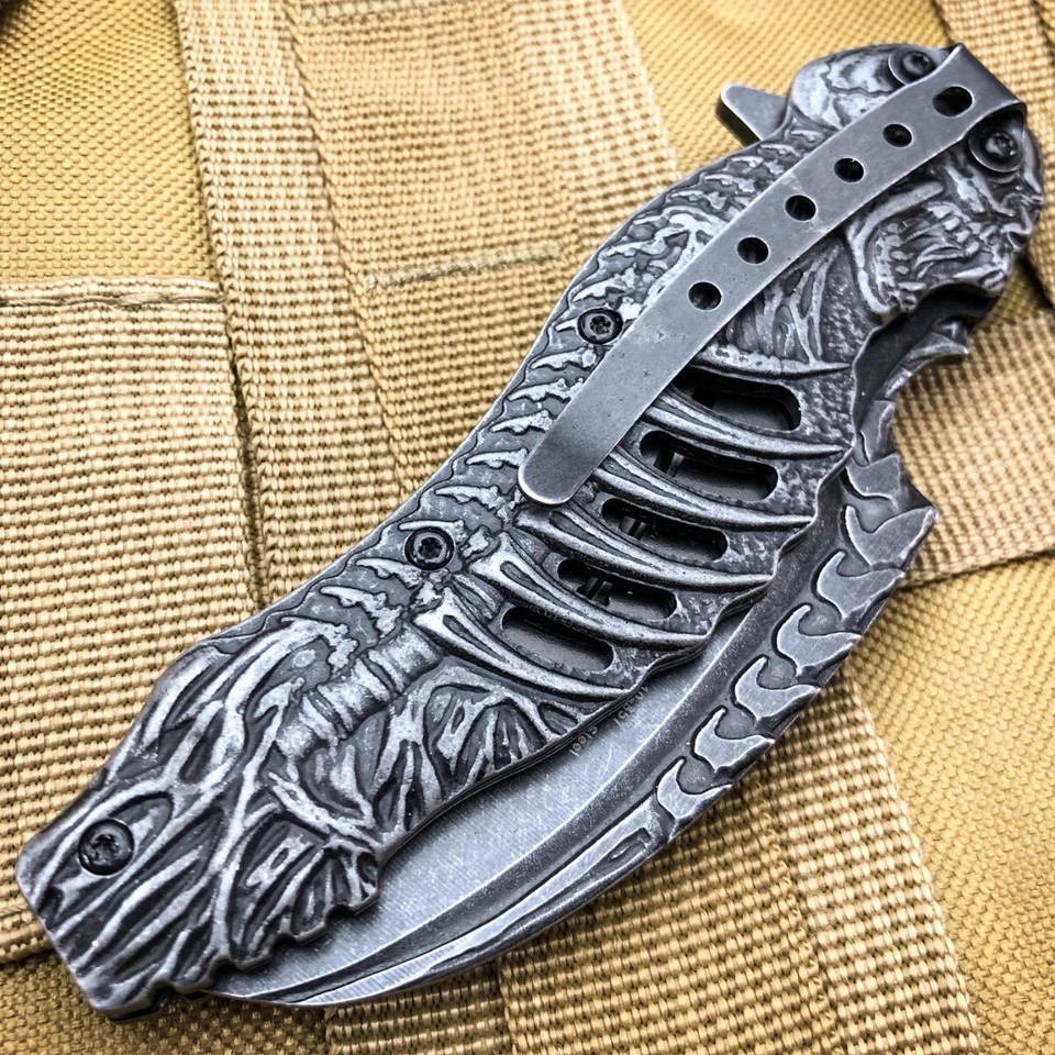 8.25" Tactical Stonewash Grim Reaper Skull Skeleton Spring Assist ...