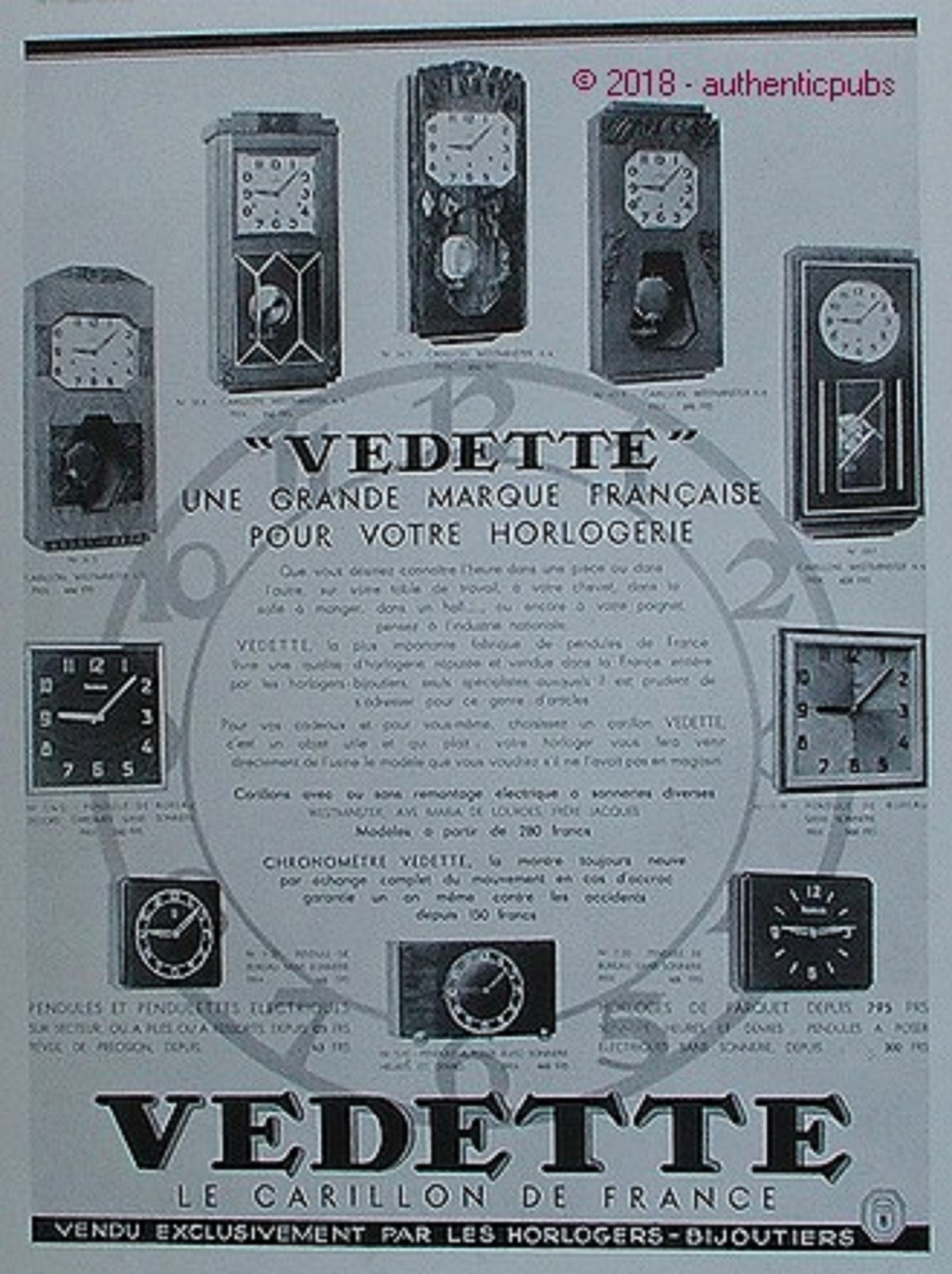 PUBLICITE VEDETTE CARILLON WESTMINSTER PENDULE DE BUREAU DE 1934 FRENCH ...