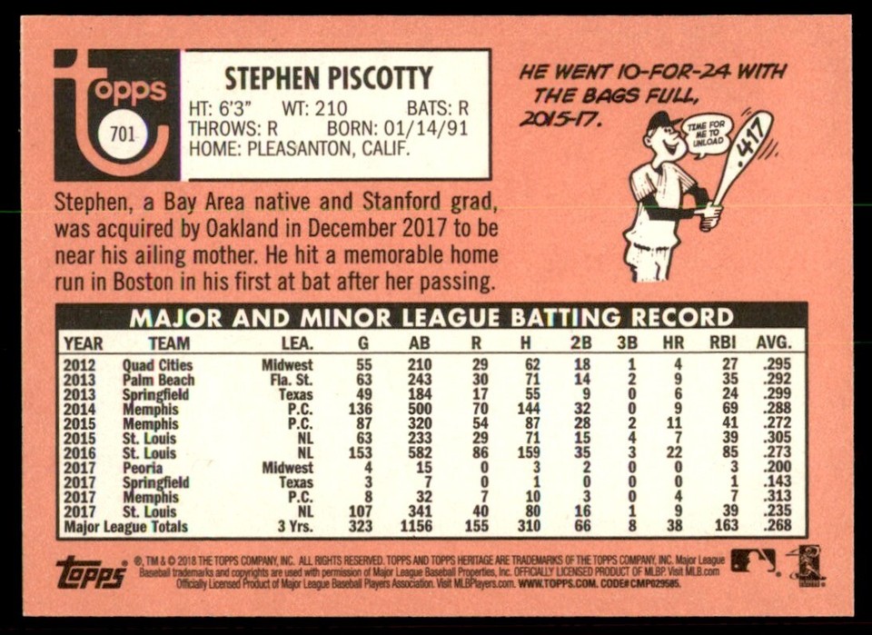 2018 TOPPS HERITAGE HIGH NUMBER STEPHEN PISCOTTY OAKLAND ATHLETICS #701 ...