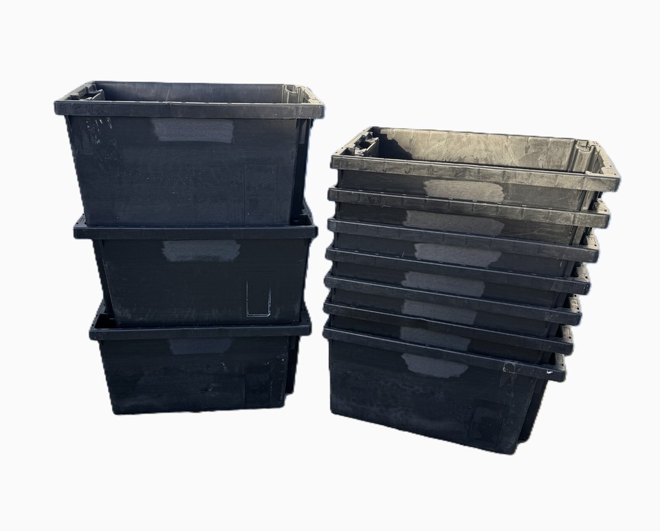 10 x Black Solid Plastic Stack & Nest Euro Boxes Storage Tote 600 x 400 ...
