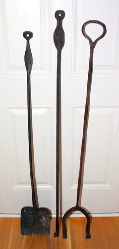 PRIMITIVE ANTIQUE 3 PCS HAND WROUGHT IRON FIREPLACE TOOL SET USA c1890 ...