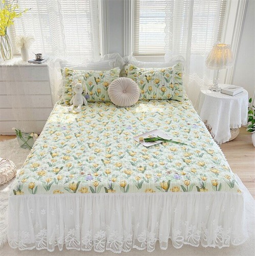 Lace Ruffle Quilted Floral Pattern Bed Skirt Mattress Cover Bedspread ...