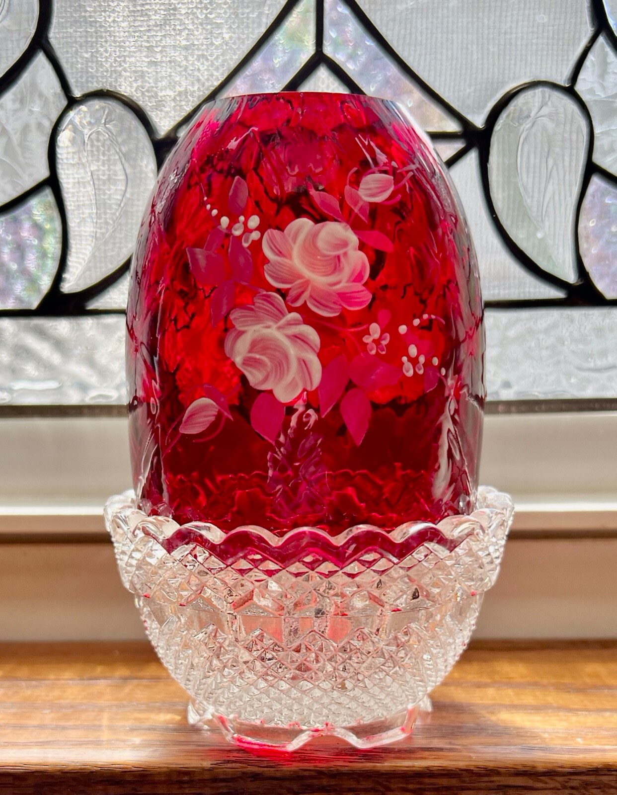 HTF Fenton***”ROSES ON RUBY" DIAMOND OPTIC FAIRY LIGHT W/HP ROSES ...