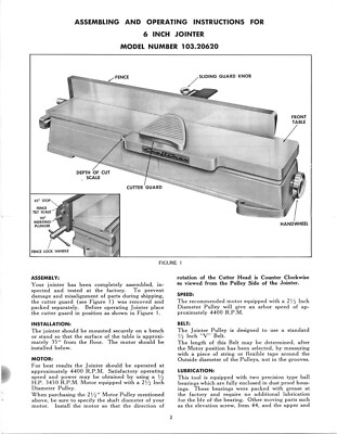 Jointer Operator Instruction Parts Manual fits Craftsman 6" 103.20620 ...