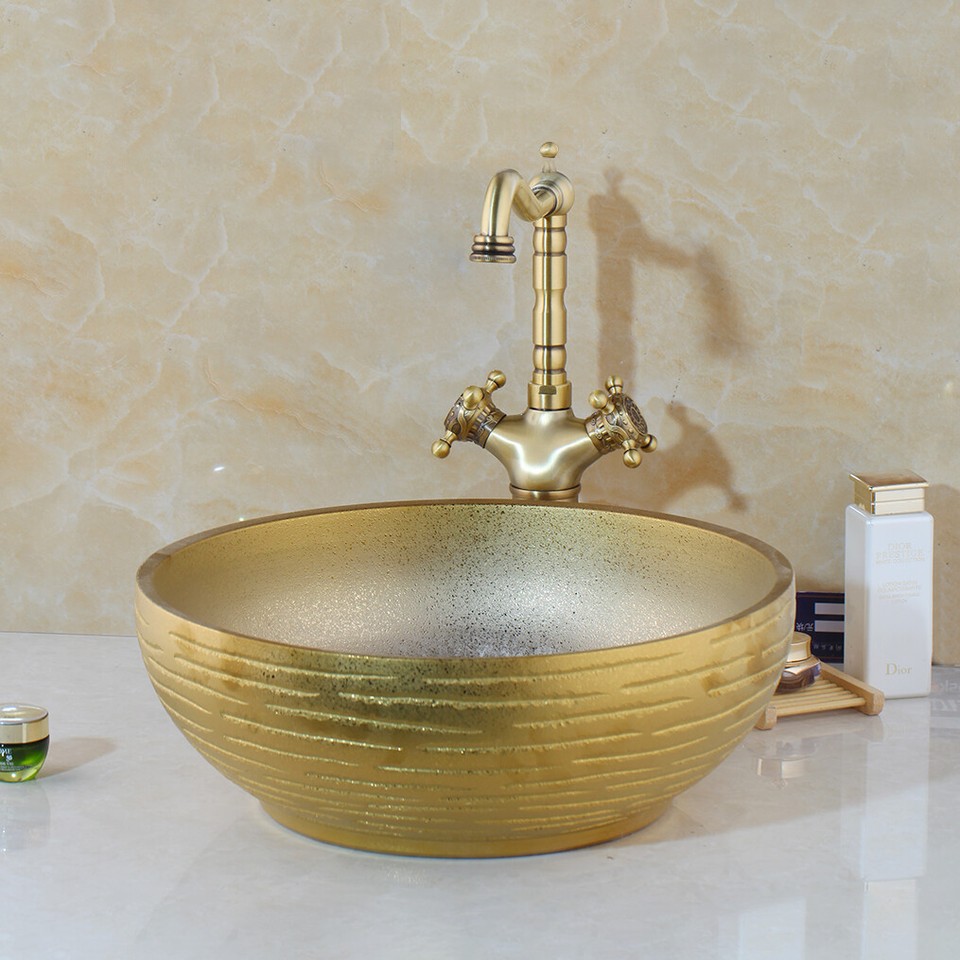 Bathroom Sinks Gold Ceramic Vessel Sink Round Basin Bowl Combo Faucet ...
