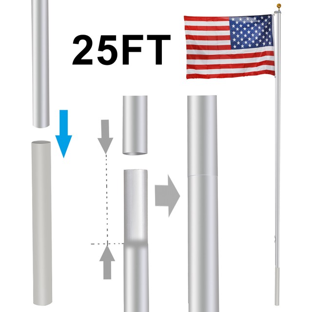 Heavy Duty 25FT Flag Pole Sectional Kit Outdoor Halyard Pole With 1PC ...