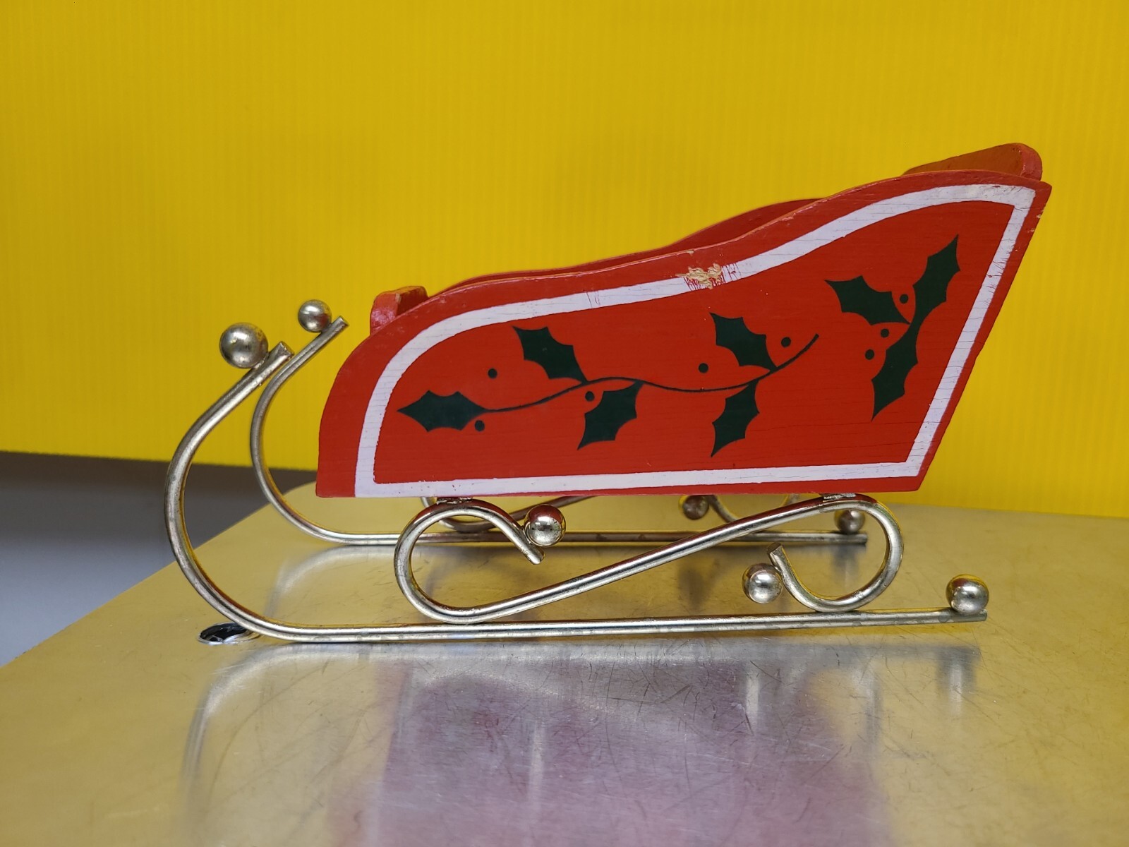 Wood Santa Sleigh Christmas Decor, Red with Holly and Gold Tone Metal ...