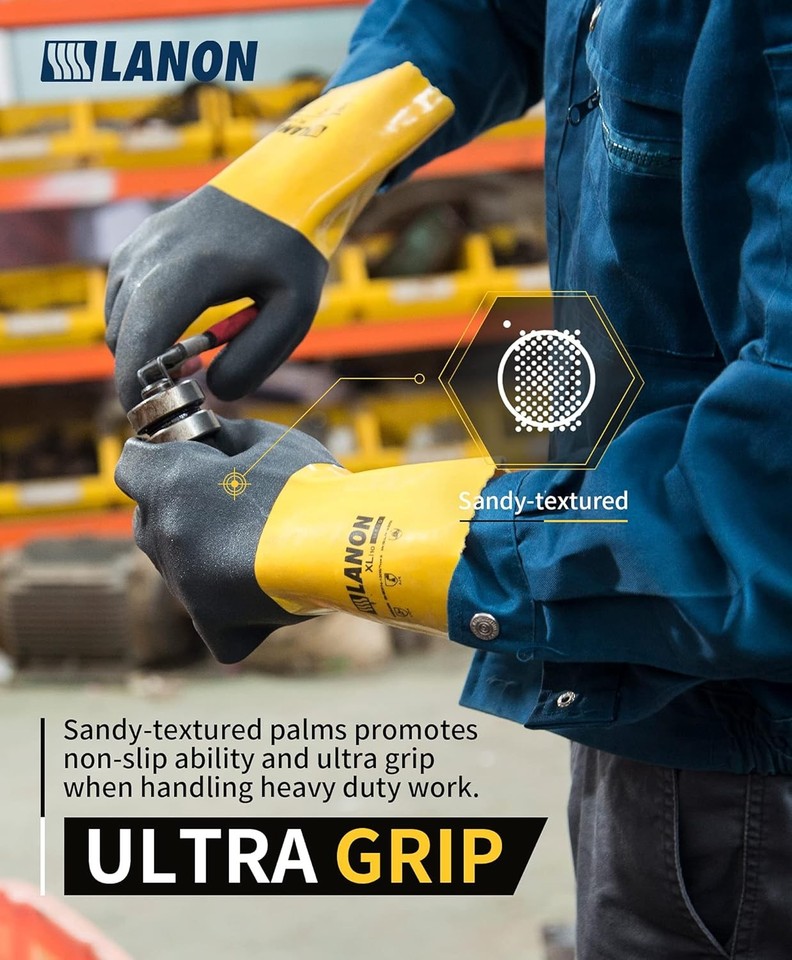 LANON PVC Chemical Gloves, Thick Rubber Work Gloves, Heavy-Duty, EN 374 ...