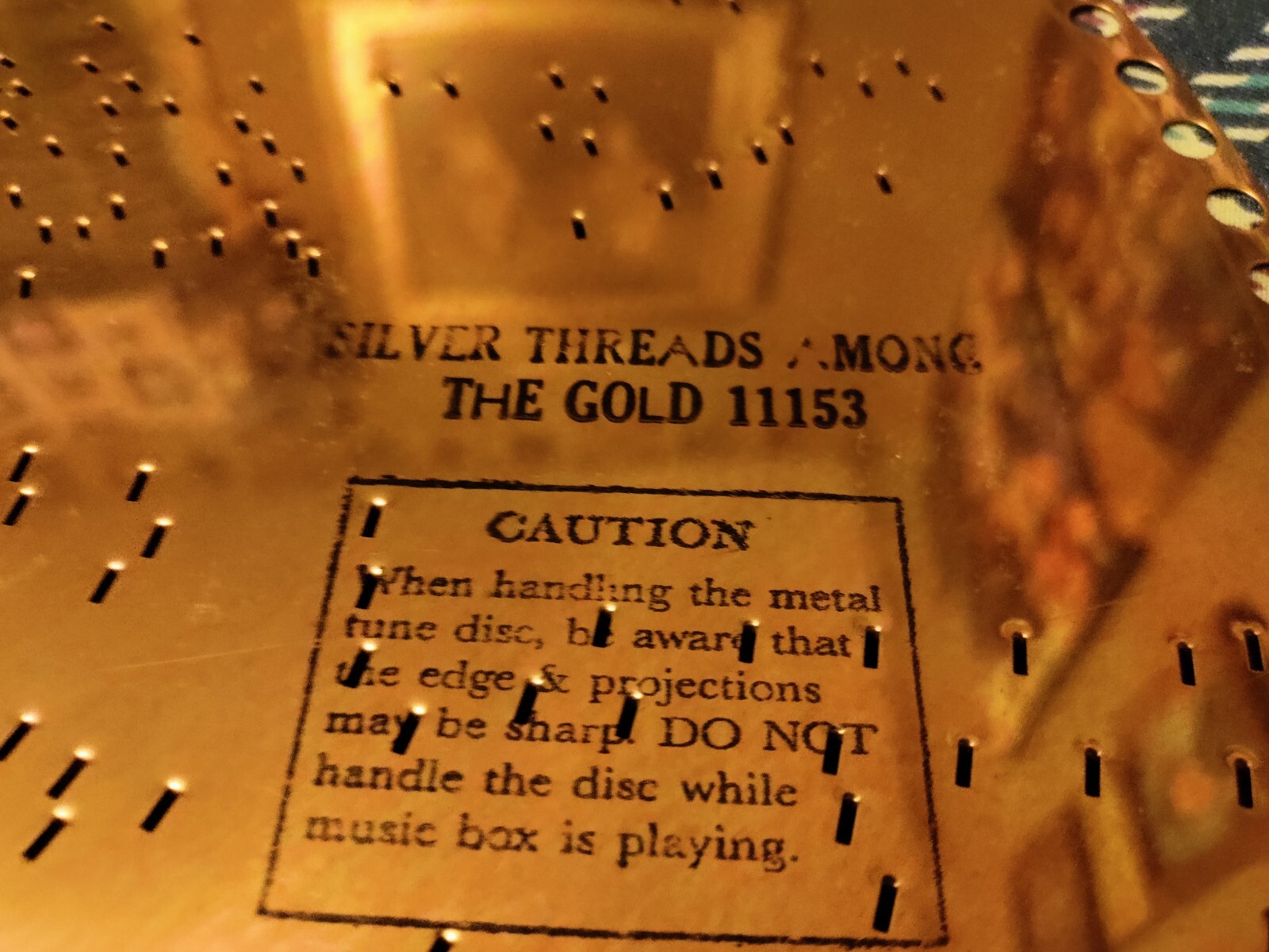 15 1/2" Porter Music Box Metal Disc Silver cords among the gold threads ...