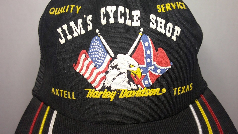 Jim's cycle shop Harley Davidson w/ red, gold and yellow stitched bands ...