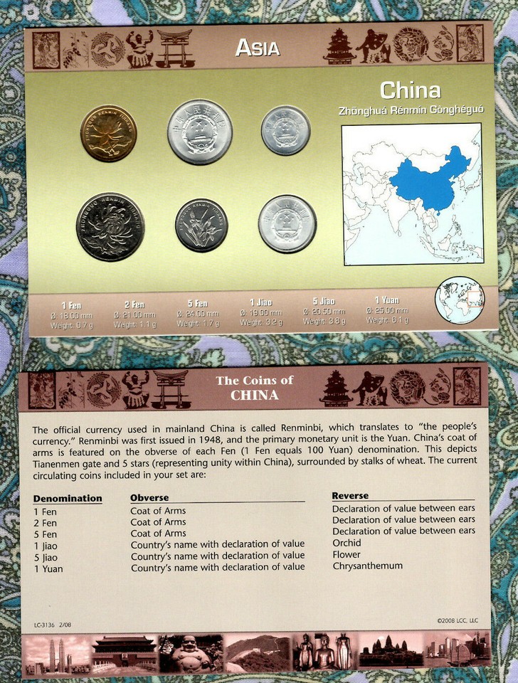 Littleton World Coin Set China 6 coin w/card UNC 1984-2006 5 Fen 1988 2 ...
