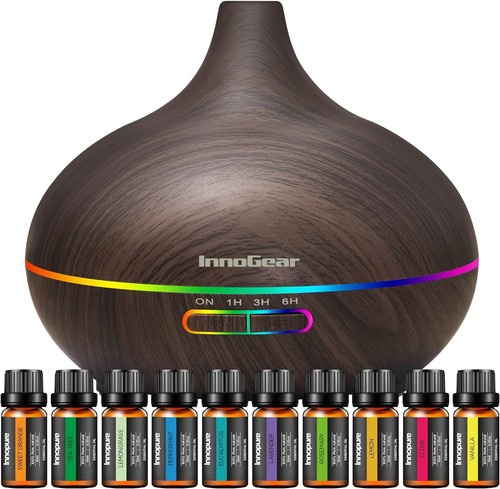InnoGear Aromatherapy Diffuser & 10 Essential Oils Set, 400ml Dark Wood ...