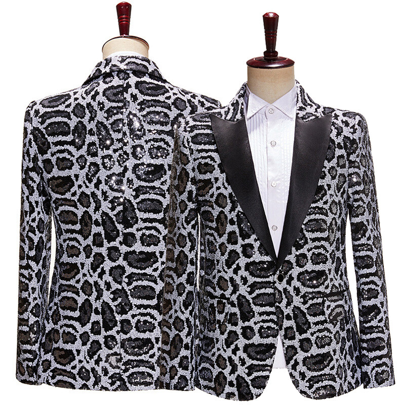 Men Leopard Pattern Sequins Tuxedo Jacket Suit Blazer Coat Wedding ...