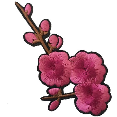 Pink plum blossom patch iron on - sakura twig with flowers buds iron-on ...