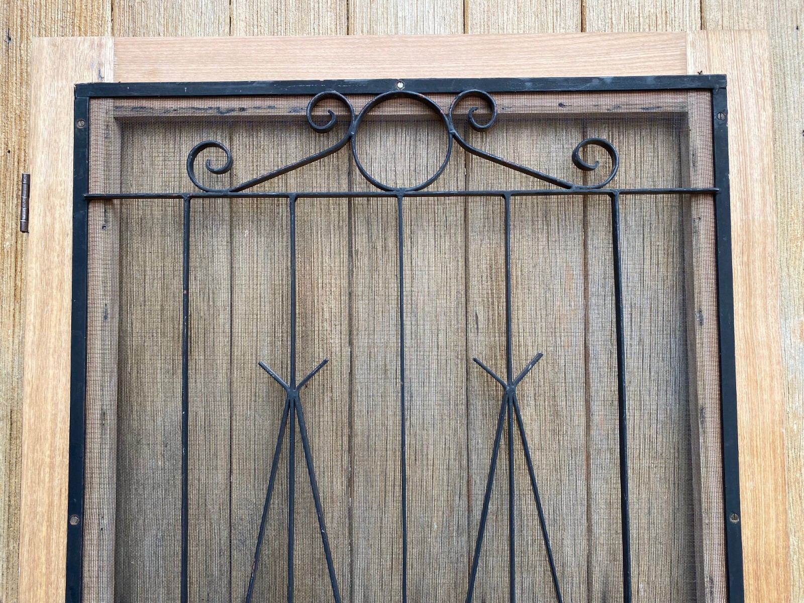 Old Original BLACK WROUGHT IRON HARDWOOD TIMBER SCREEN DOOR flywire fly ...
