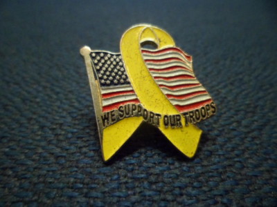 "We Support Our Troops Pin" w/ America Flag and Yellow Ribbon Approx. 3 ...