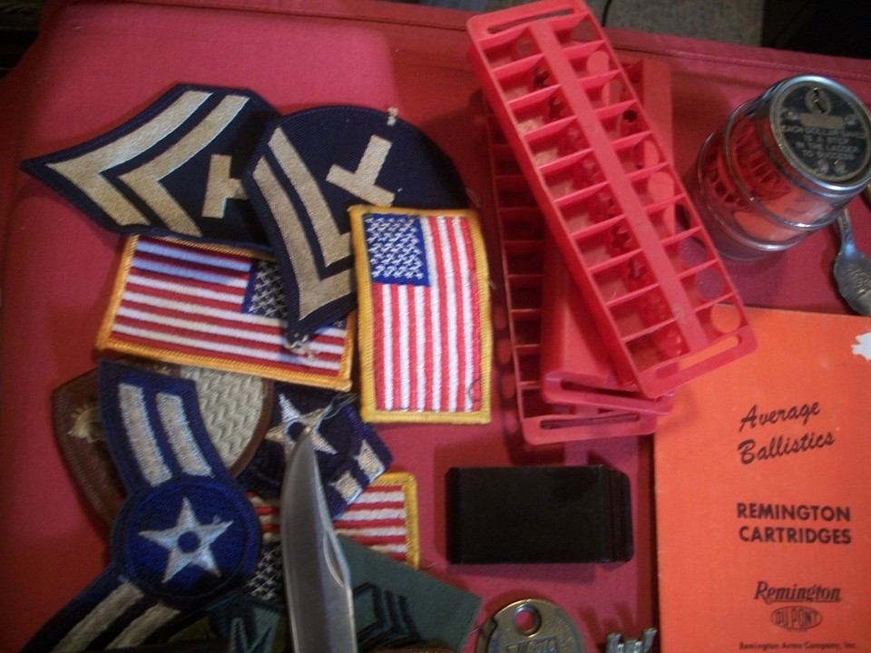 Junk Drawer Lot of Knives, Gun Related Items, Bank, Cartradge Holders ...