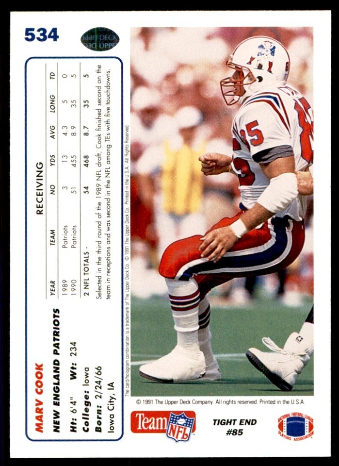 1991 UPPER DECK HIGH # SERIES MARV COOK NEW ENGLAND PATRIOTS #534 | eBay