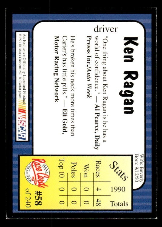 KEN RAGAN SIGNED 1991 MAXX #58 - NASCAR ON-CARD AUTO | eBay